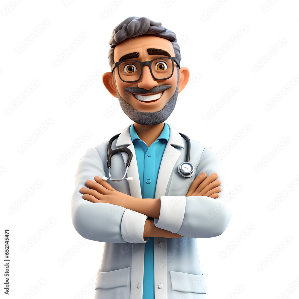 3D cartoon character smiling doctor with stethoscope standing arms ...