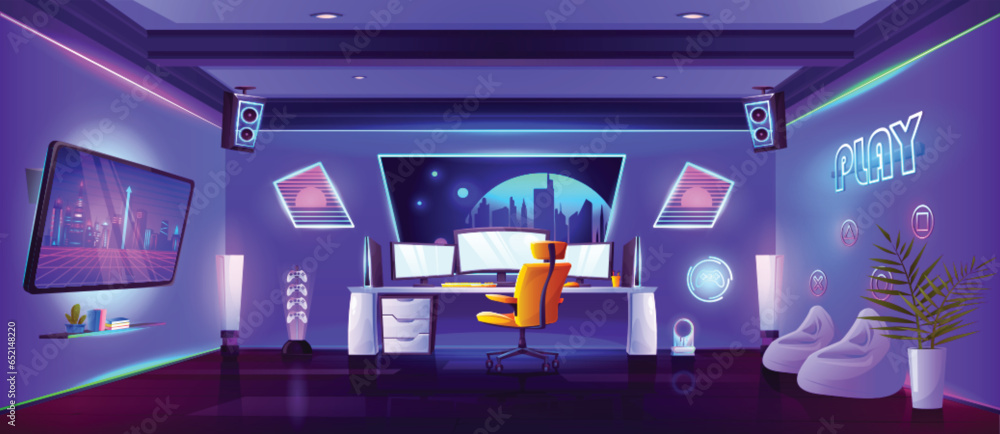 Night gamer room with neon screen and computer vector background. Video ...