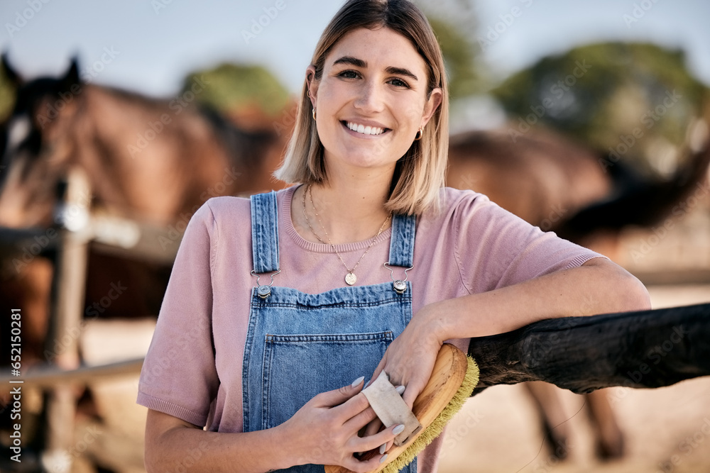 Horse, portrait and woman with brush on ranch for animal, farm pet and ...
