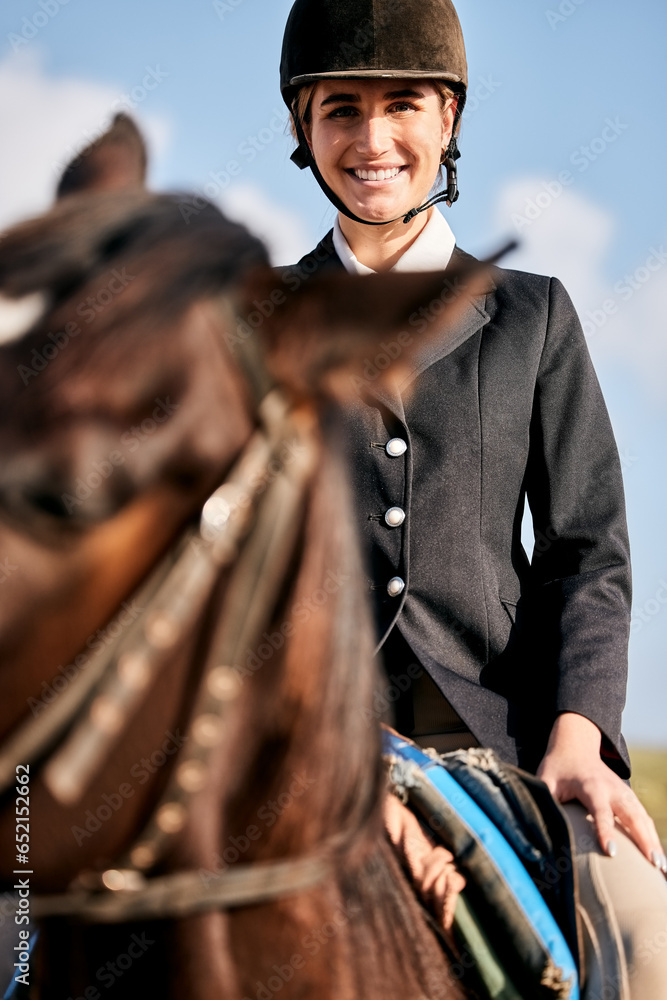 Portrait, equestrian and a woman with an animal on a ranch for sports ...