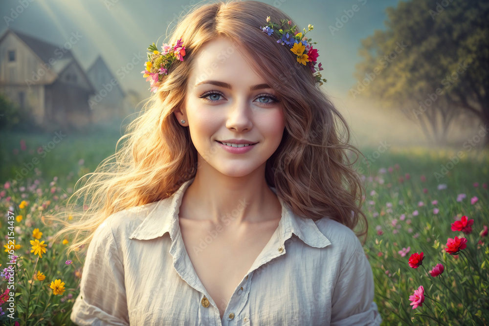 portrait of a beautiful girl posing in nature, a bright sunny day in ...