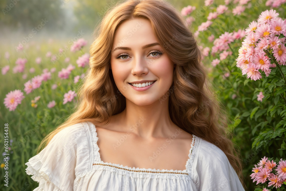 portrait of a beautiful girl posing in nature, a bright sunny day in ...