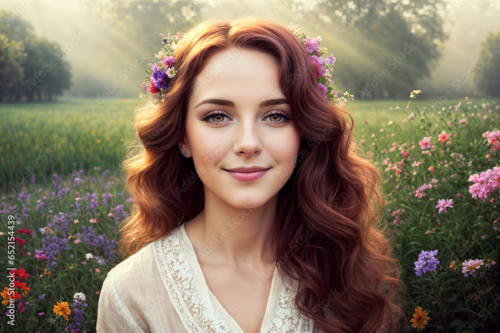 portrait of a beautiful girl posing in nature, a bright sunny day in ...