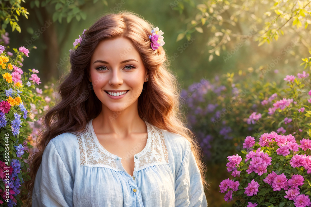 portrait of a beautiful girl posing in nature, a bright sunny day in ...