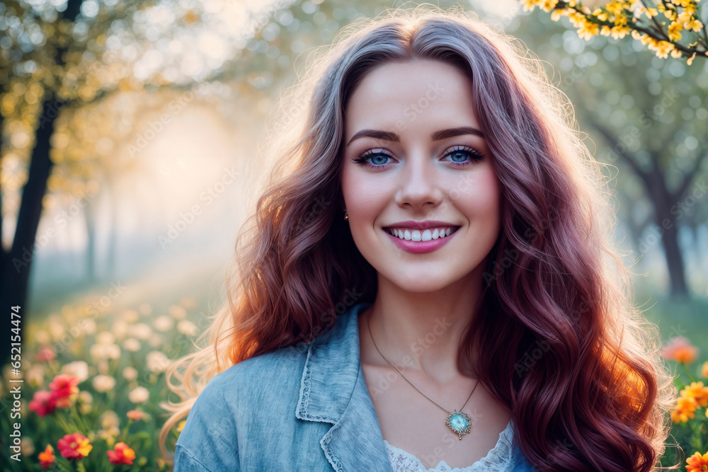 portrait of a beautiful girl posing in nature, a bright sunny day in ...