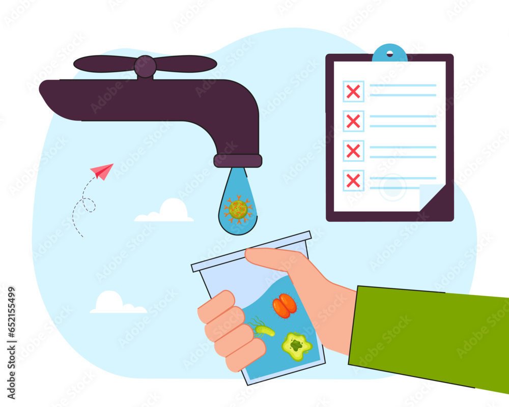 Hand holding cup of tap water with bacteria vector illustration ...