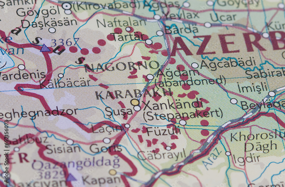 Close up on Nagorno-Karabakh on geographic map. Nagorno-Karabakh or ...