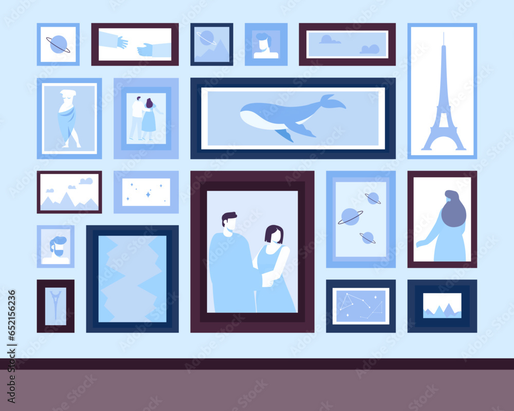 Famous paintings presented on gallery wall vector illustration. Art ...