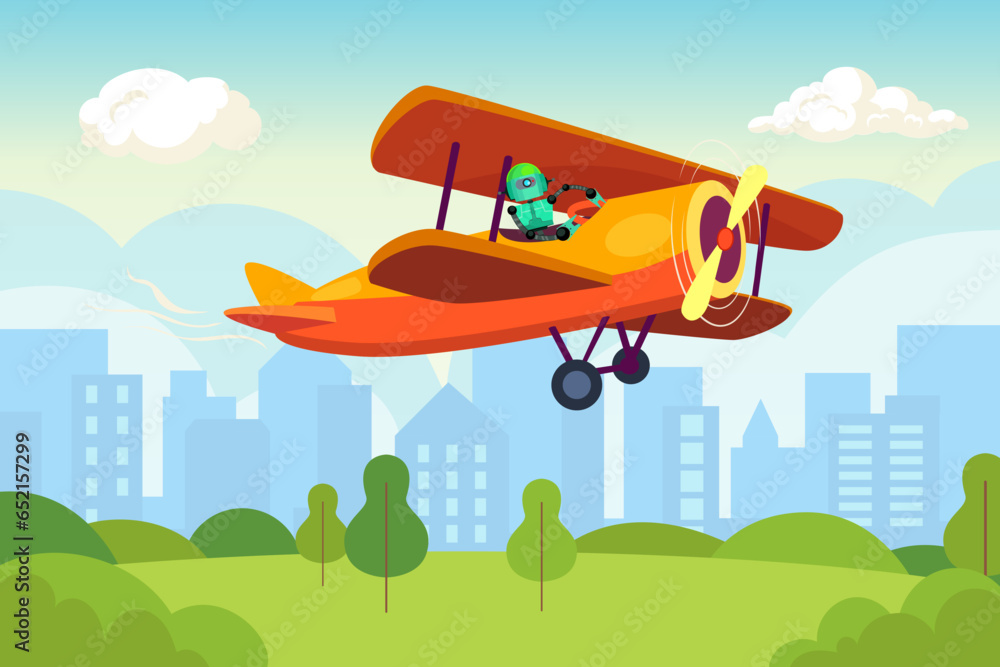 Comic robot flying airplane above city vector illustration. Cartoon ...