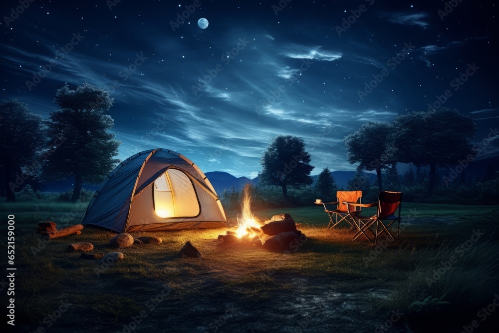 Secluded campsite nestles under the vast tapestry of twinkling stars. A ...
