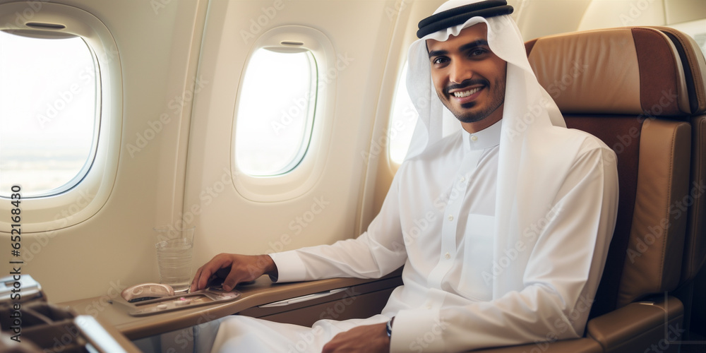 Young Emirati businessman in UAE traditional seating in private jet ...