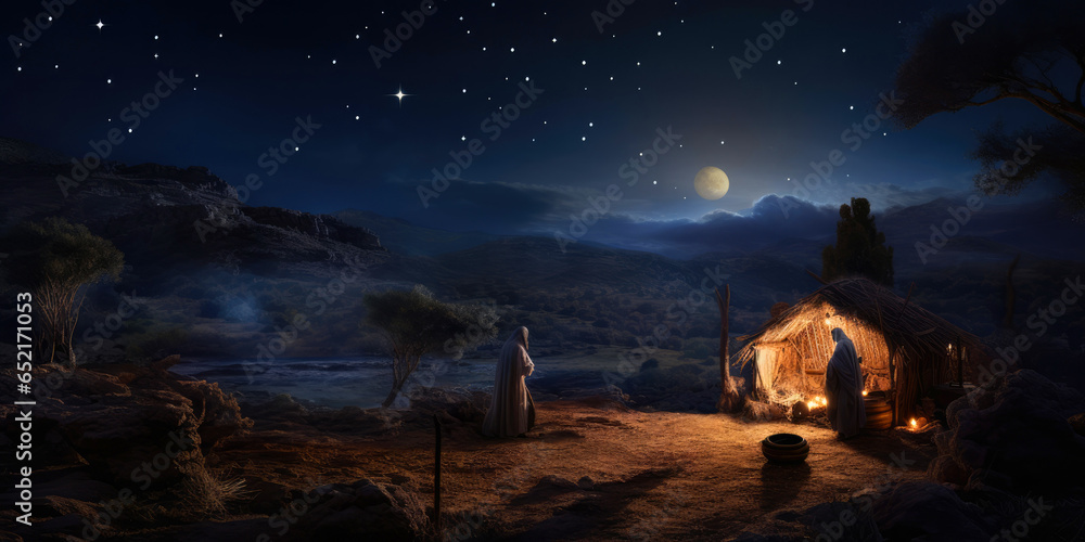 Nativity Scene, barn in the desert under the stars. Christmas Stock ...