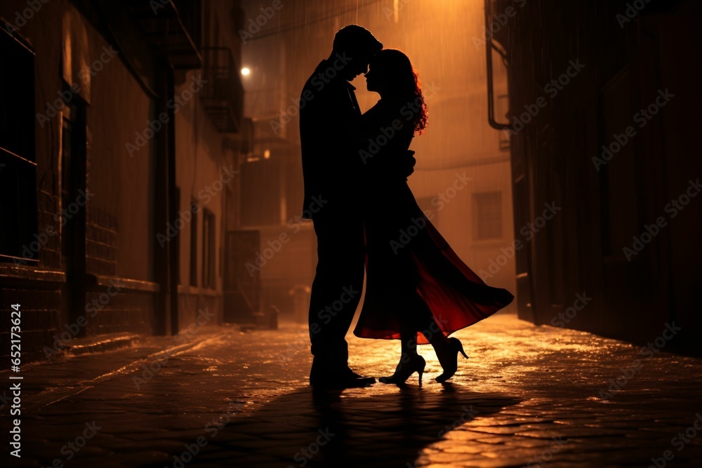A pair of Argentine tango dancers locked in a passionate embrace on ...