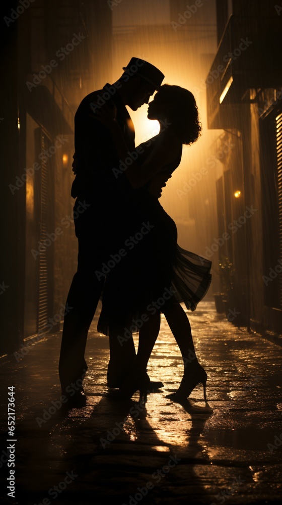 A pair of Argentine tango dancers locked in a passionate embrace on ...