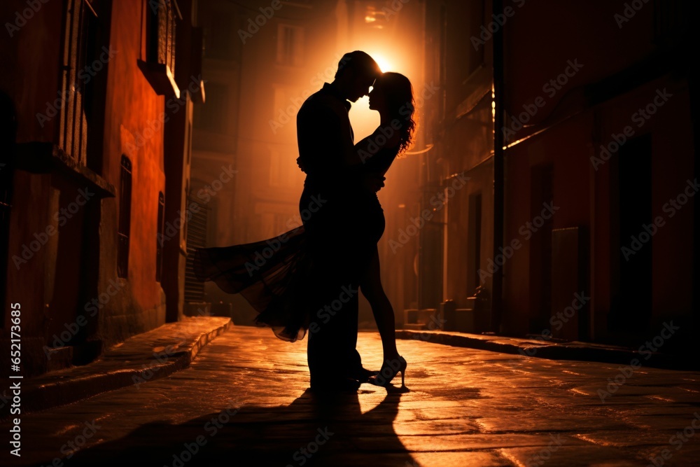 A pair of Argentine tango dancers locked in a passionate embrace on ...