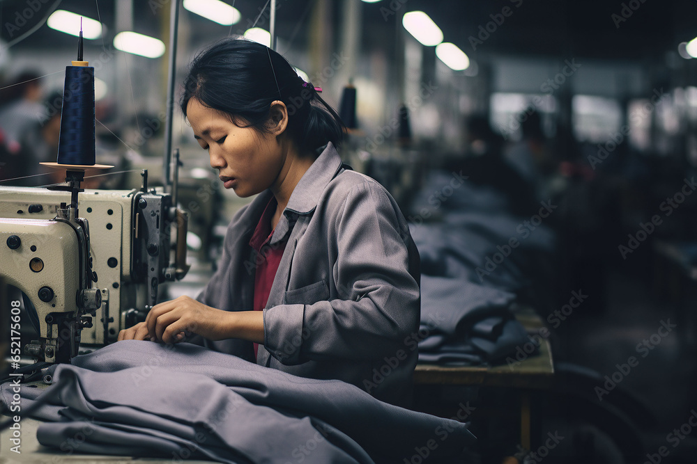 Portrait of asian woman sewing clothing in Multinacional Factory ...
