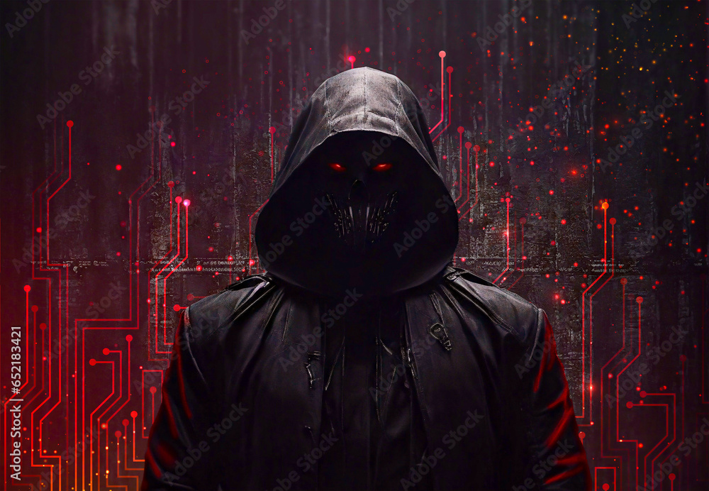 The enigmatic figure of a hacker, concealed in a black robe and mask ...