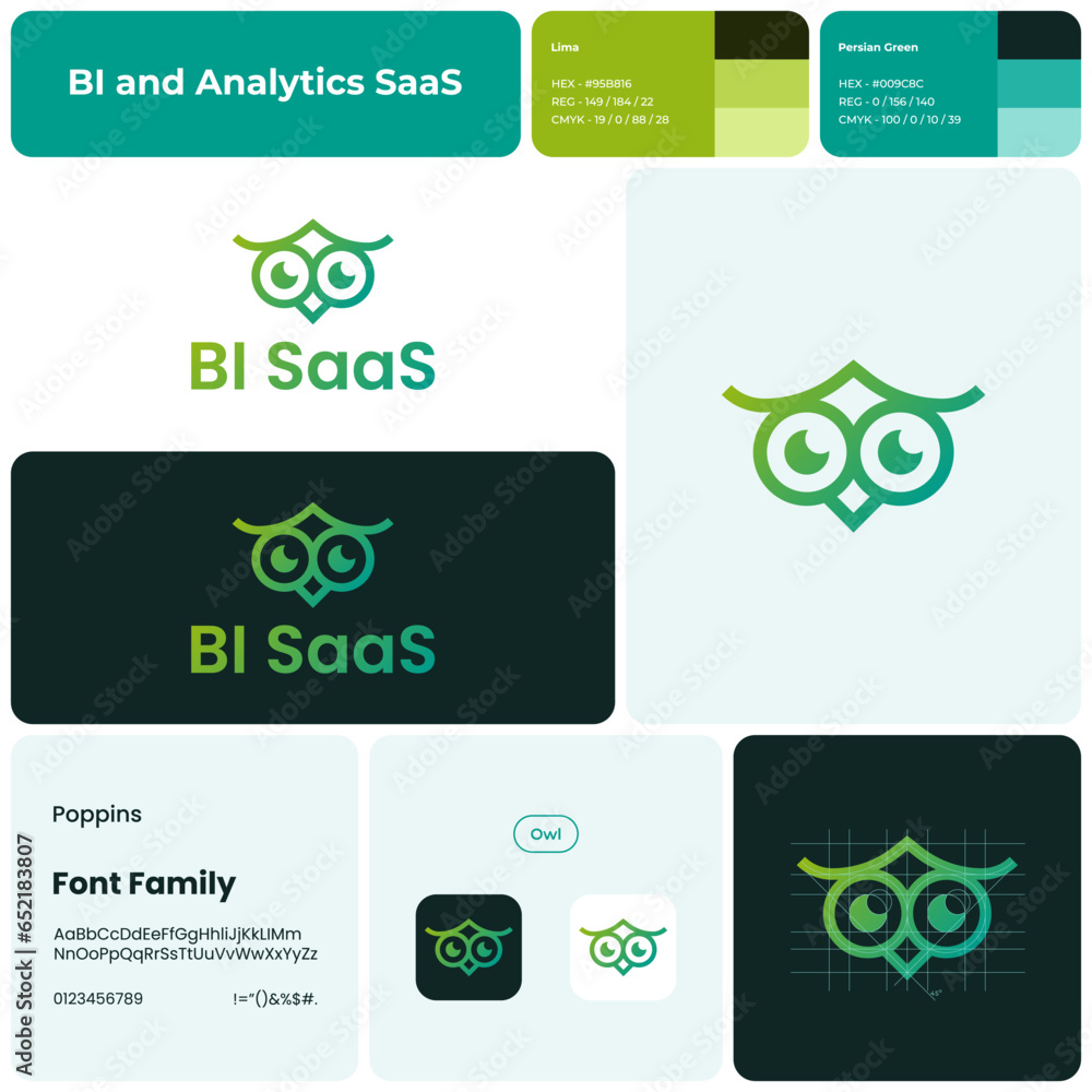 2D BI and analytics SaaS gradient business logo with brand name. Owl ...
