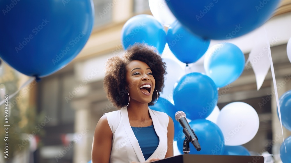 Female leader giving a motivating speech with a backdrop of balloons ...
