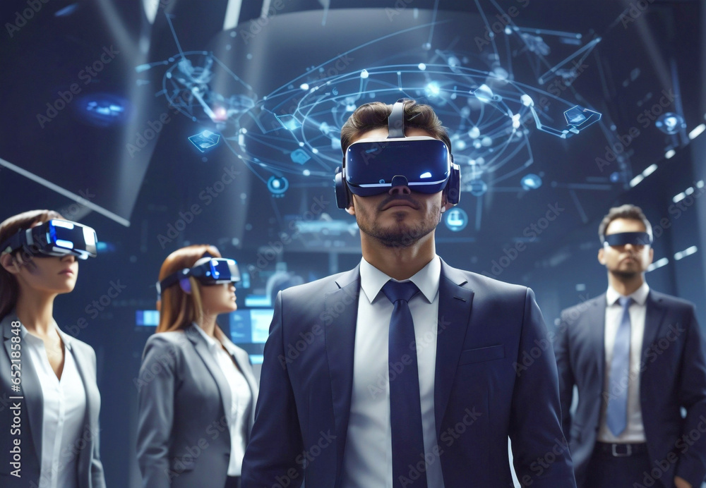 Employees in a modern workplace wear VR headsets as they ...