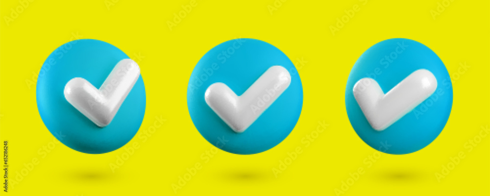 Vector 3d Checkmark realistic icons set. Trendy glossy plastic blue ...