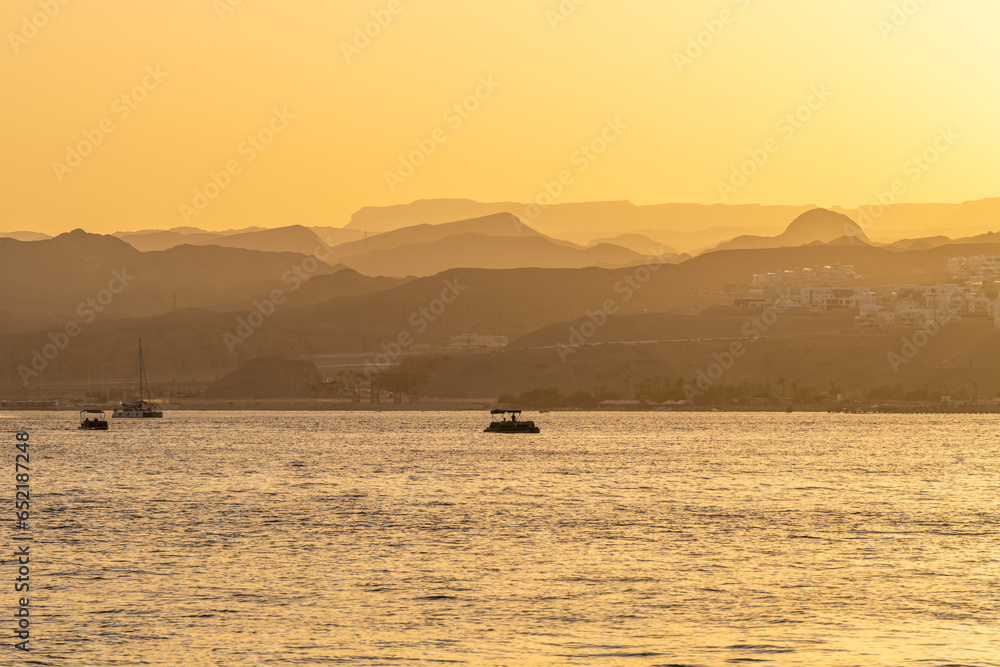 Sunrise view of Jordan from Eilat Israel across the Red Sea Stock Photo ...