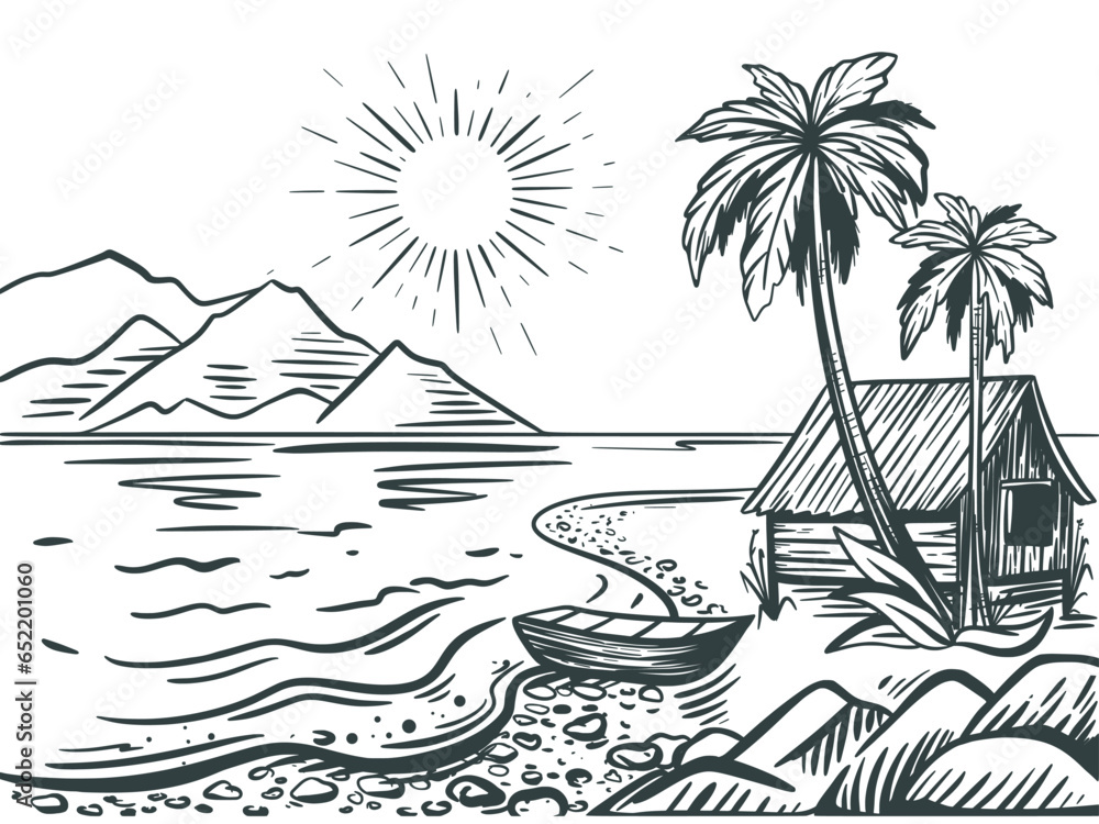 Boat on sea coast sketch. Ocean shore with palm trees and hut. Beach ...