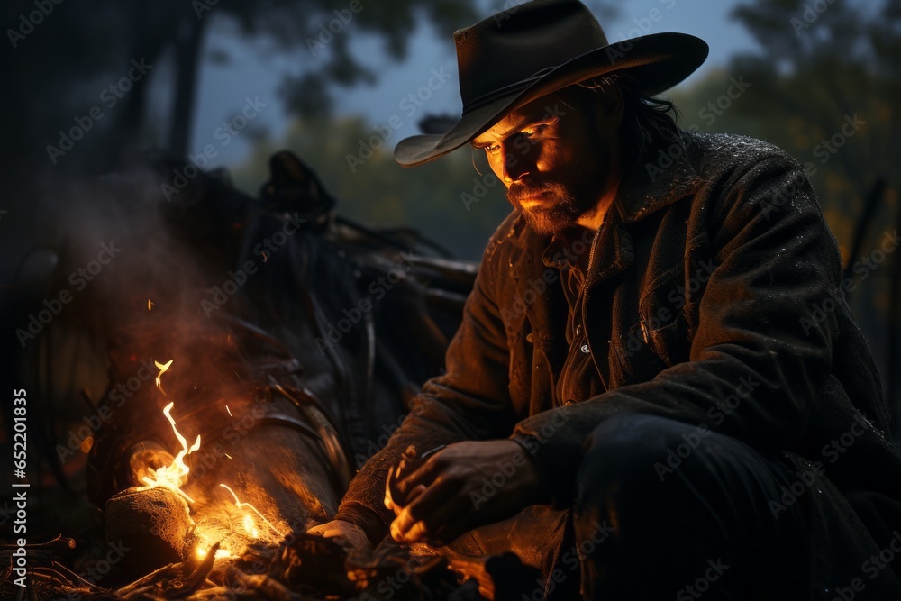 Cowboy and his horse sharing a moment of quiet connection in a peaceful ...