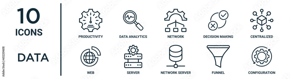 data outline icon set such as thin line productivity, network, centralized, server, funnel ...