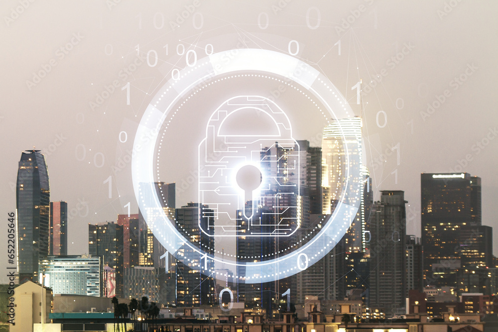 Virtual creative lock illustration with microcircuit on Los Angeles ...