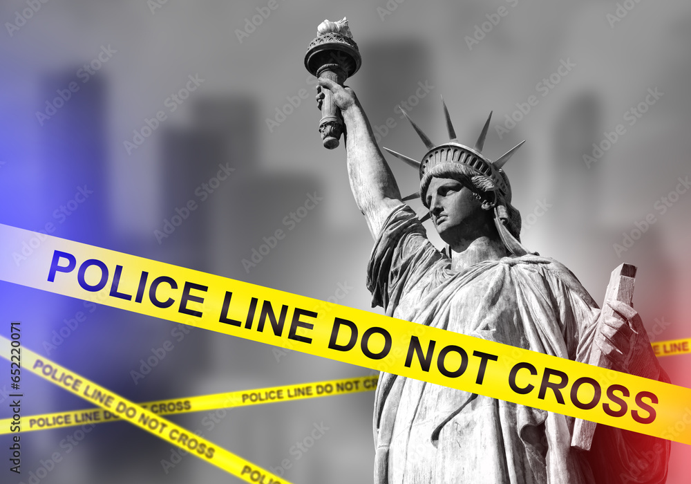 Statue of liberty. Yellow police tape. Arrests in USA concept. Police ...