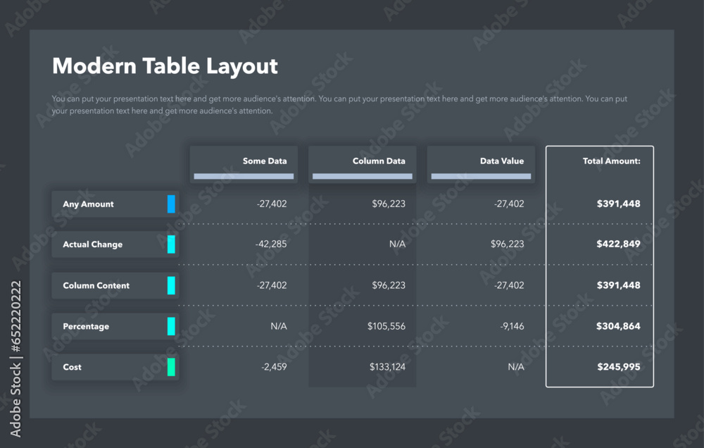 Modern table layout template with a total amount column - dark version ...