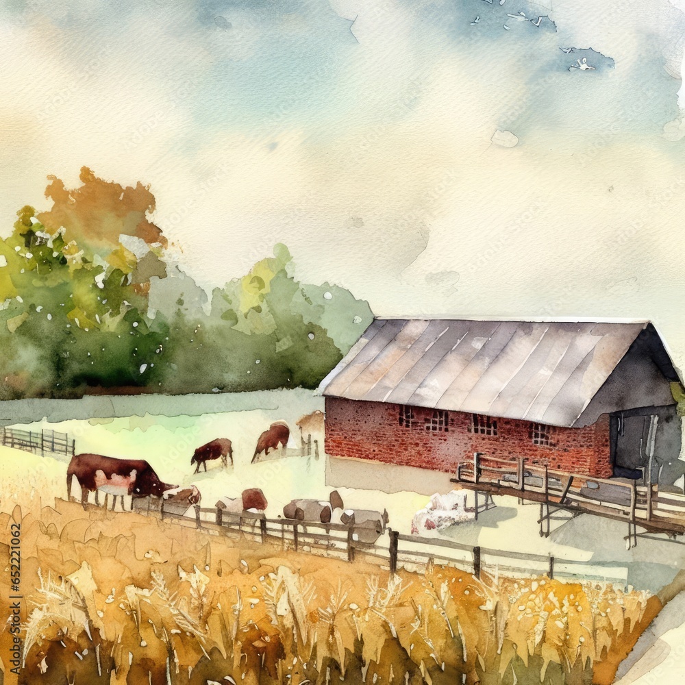 Watercolor landscape of farm animals in creative farm AI design. Stock ...