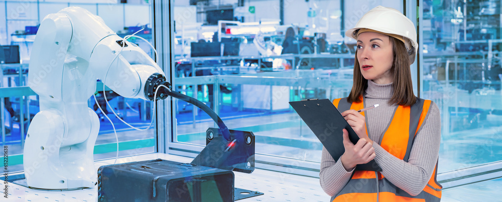 Foto de Automated welding work. Woman engineer in production. Robotic ...