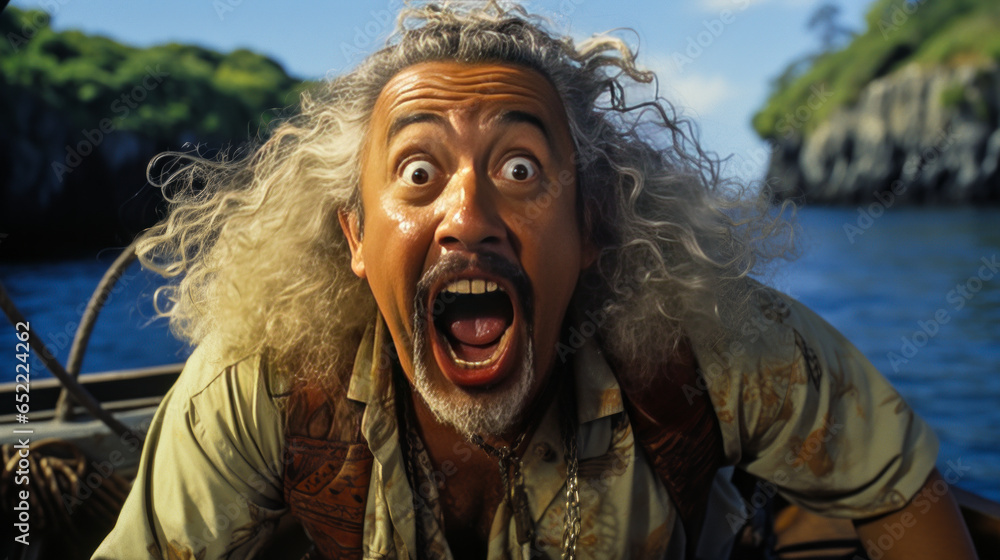 Captivating Polynesian fisherman, looking shocked with wide-open mouth ...