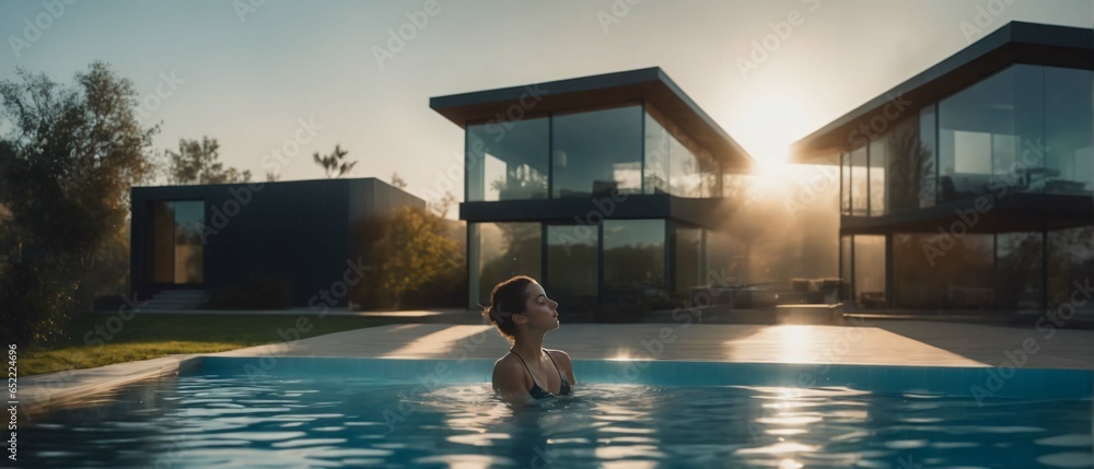 Young woman in swimming pool with modern house in background. Luxury ...