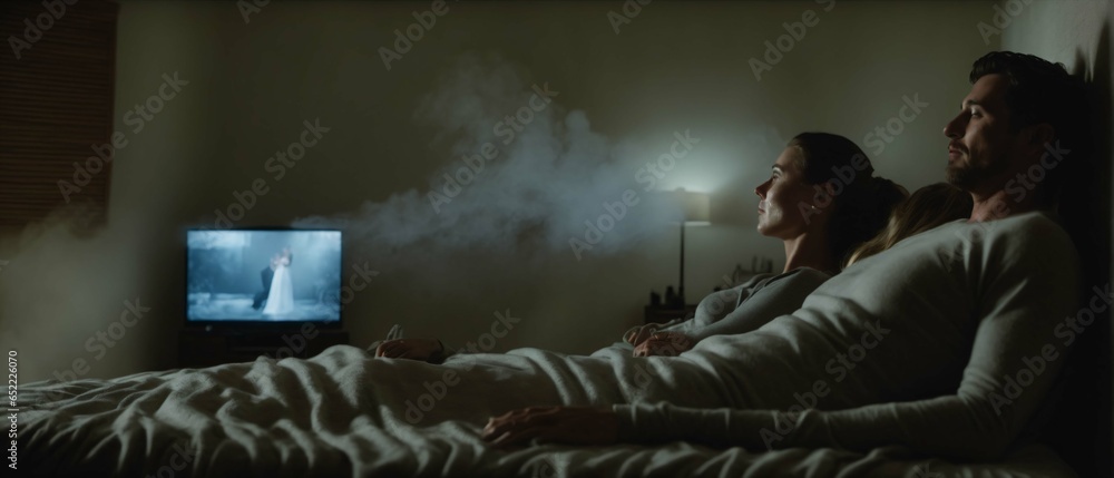 Family fall in sleep while watching TV in bed with smoke in the room ...