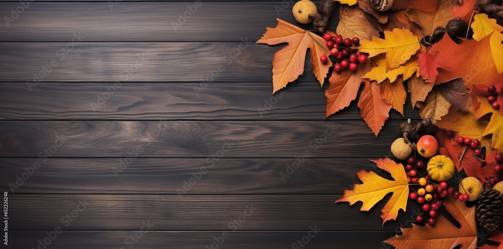 Flay lay top view background photo of orange autumn leaves on dark ...