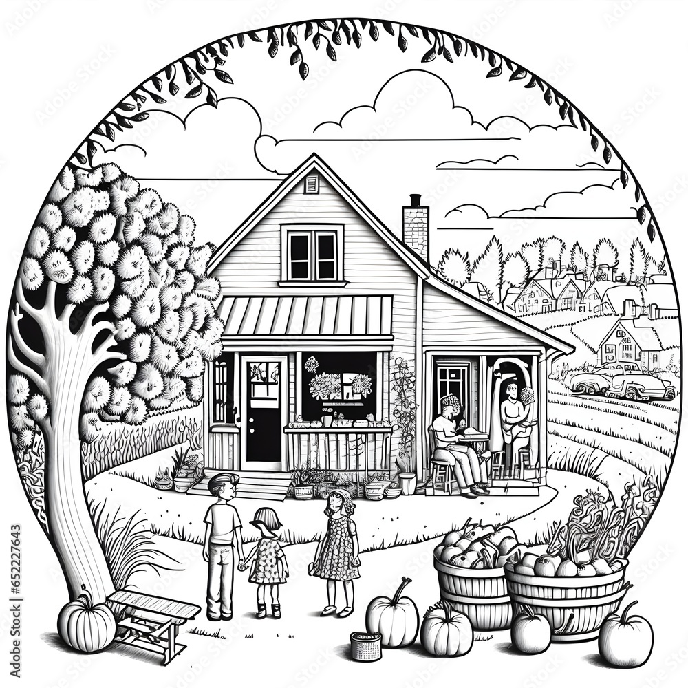 cartoon pen and ink black and white country fruit and farm stand in ...