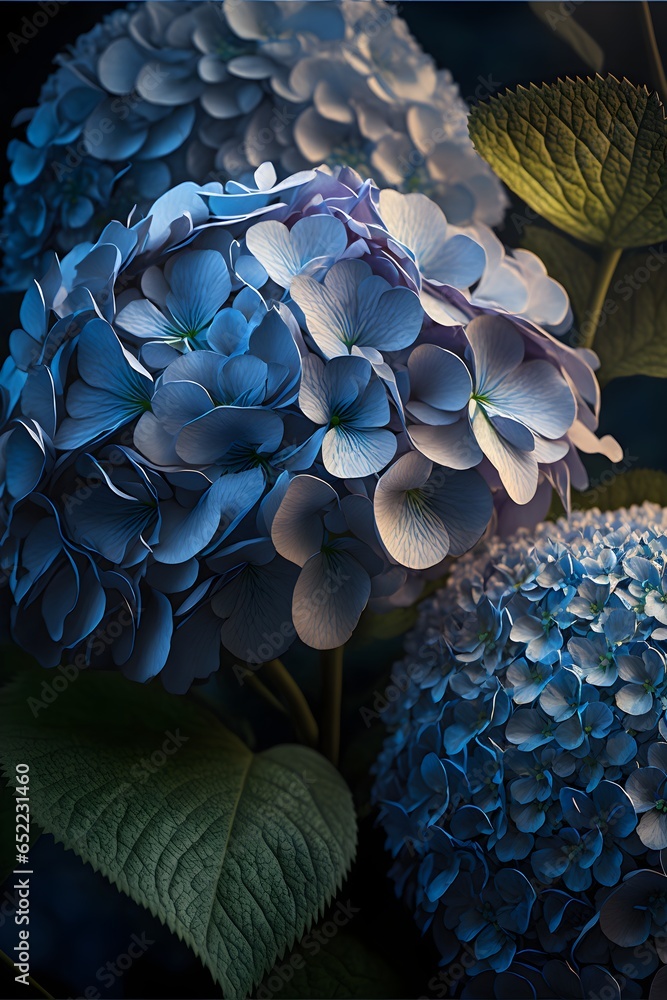 blue hydrangeas ultrawide angle Depth of Field hyperdetailed unreal ...