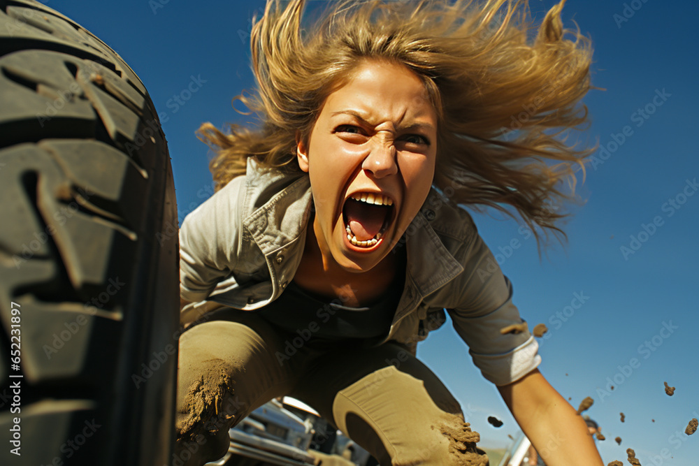 Dynamic depiction of an irate woman forcefully kicking a tire ...