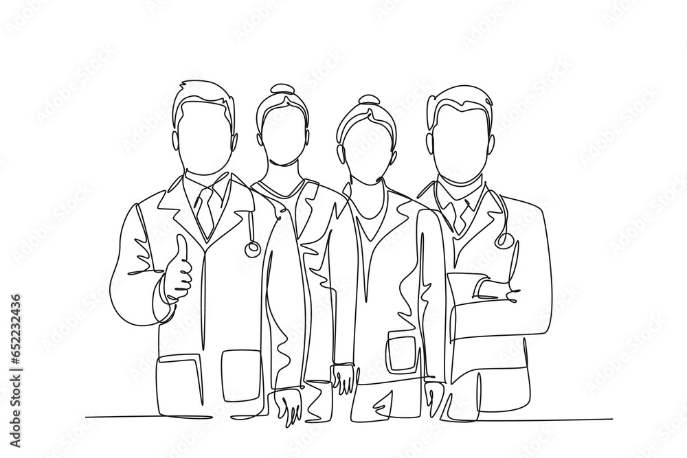 Single one line drawing group of young male and female doctors giving ...