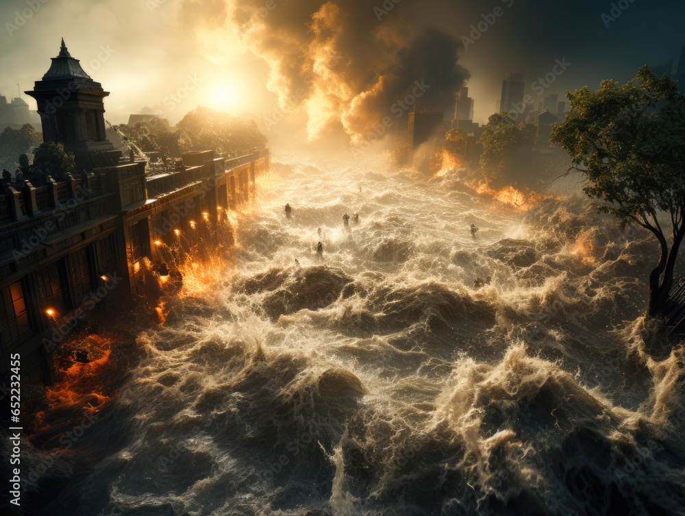 Amidst a hyperdetailed city downtown, a massive dam gives way, causing ...