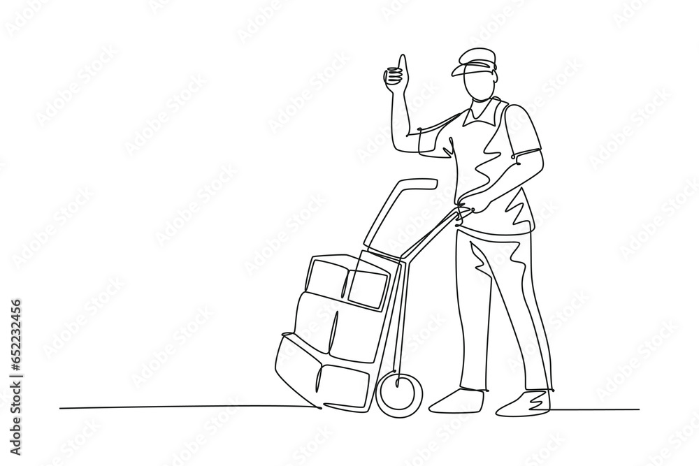Single one line drawing young delivery man gives thumbs up gesture ...