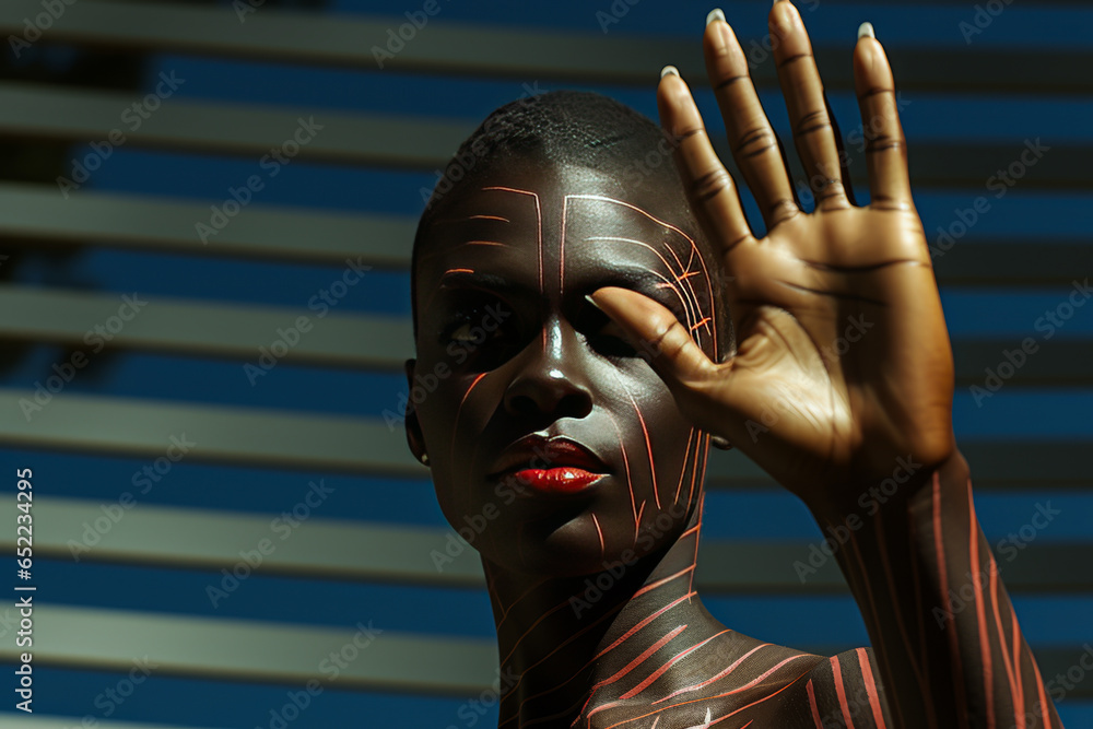 Captivating androgynous artist engrossed in casting geometric shadow ...