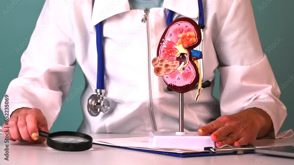 Female doctor showing a model of human kidney using magnifying glass ...