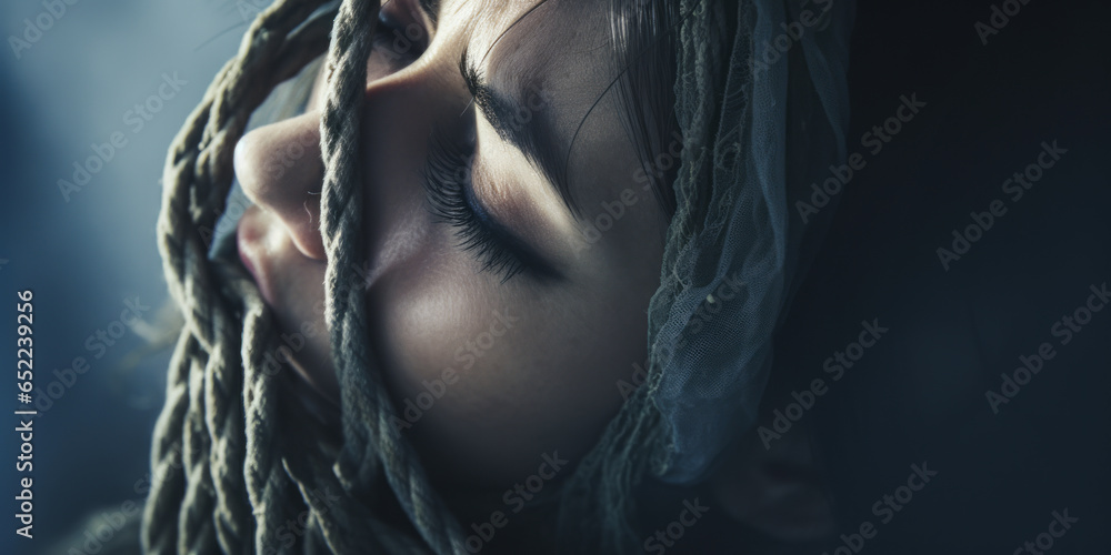 Poignant display of woman symbolizing domestic abuse, tear-stricken and ...