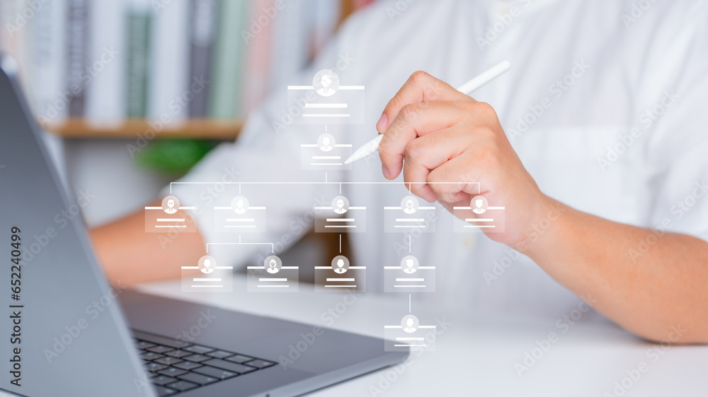 Businessman uses computer with an organization chart, mind map, or ...