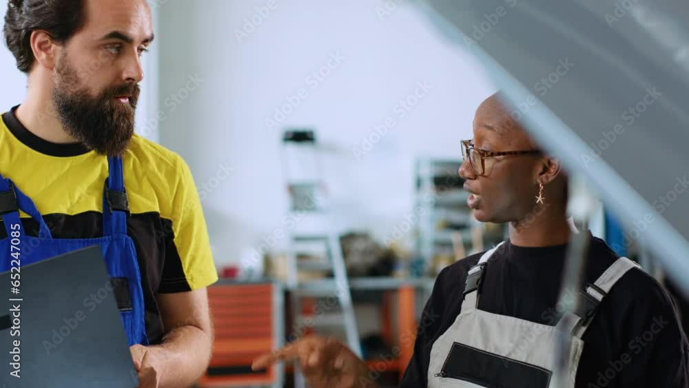 Engineer and colleague doing car maintenance in repair shop using ...