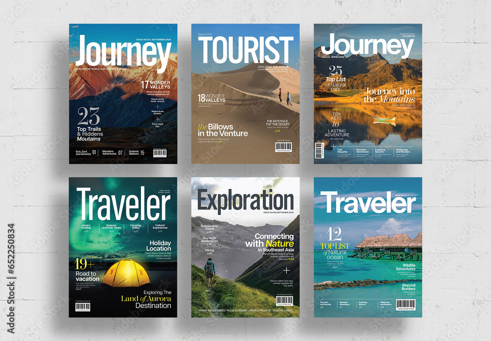 Travel Magazine Cover Layout Set for Outdoor Adventure Tourist Traveler ...